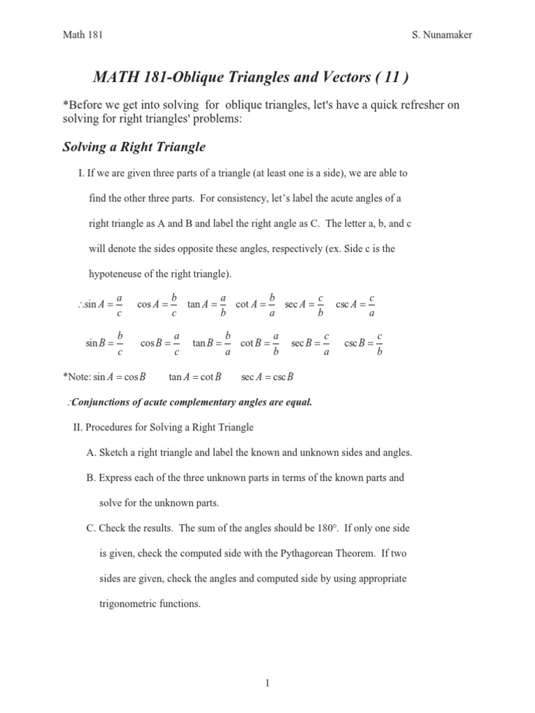 MATH 181-Oblique Triangles and Vectors (11) Term 0306 | PDF | Sine ...