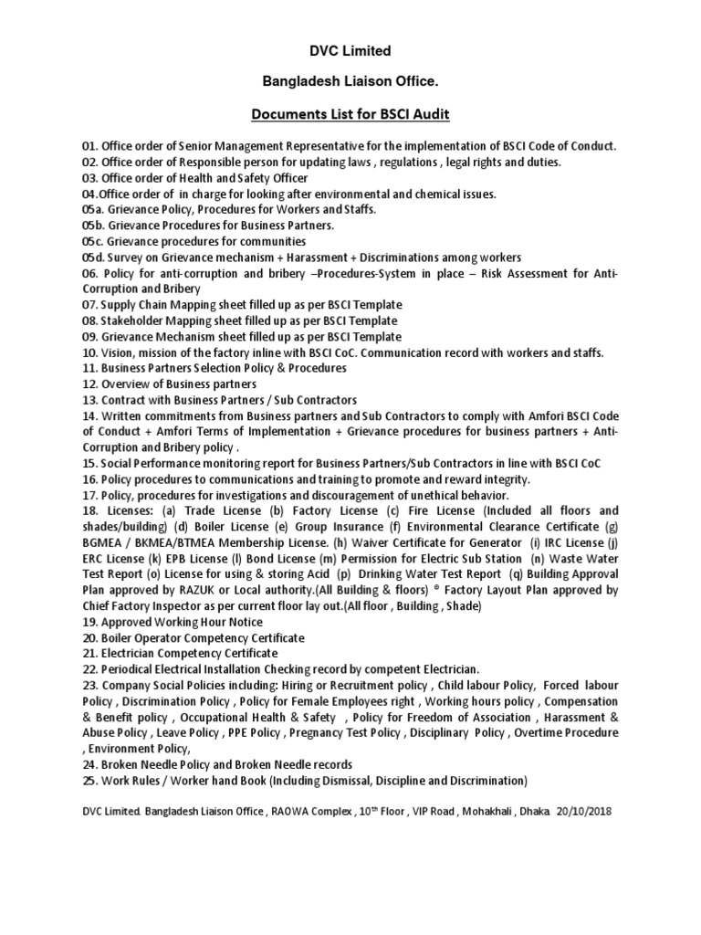 Documents List For Amfori BSCI Audit | PDF | Occupational Safety And ...