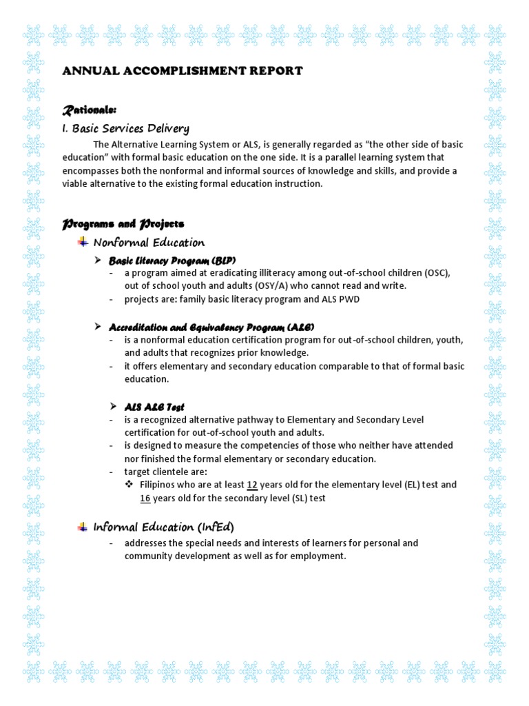 Annual Accomplishment Report Rationale:: I. Basic Services Delivery | PDF | Cognition | Behavior ...