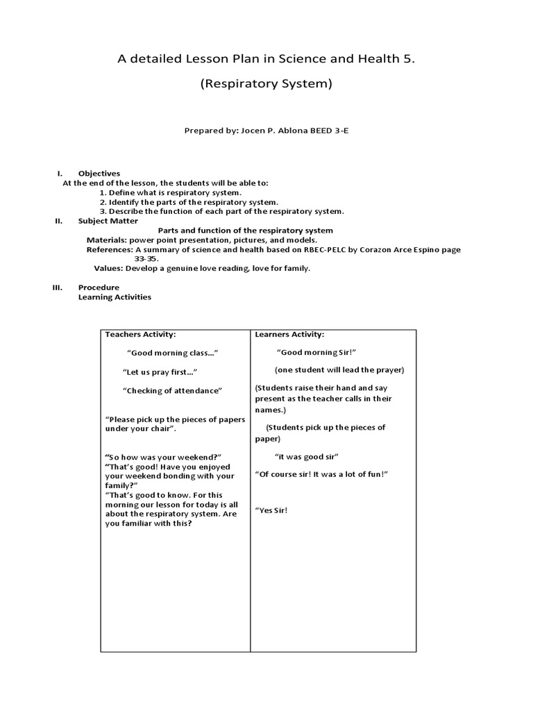 A Detailed Lesson Plan in Science and Health 5 | PDF | Respiratory ...