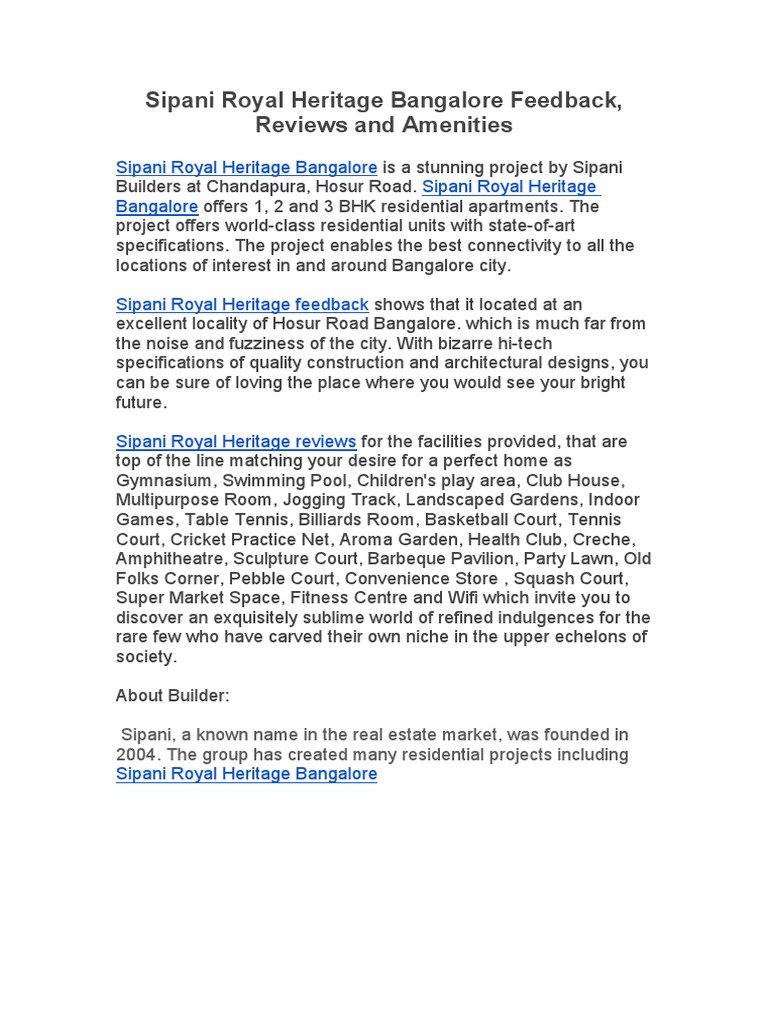 Sipani Royal Heritage Overview | PDF | Hobbies | Sports