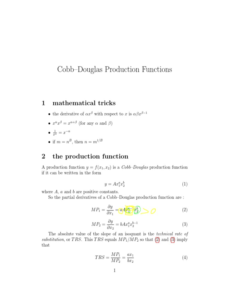 Cobb-Douglas Production Functions: 1 Mathematical Tricks | PDF | Production Function | Supply ...