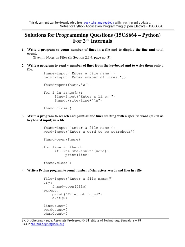 Solutions To Programming Problems In Python With File Handling And Listdictionary Operations