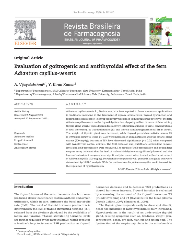 Evaluation of Goitrogenic and Antithyroidal Effect of The Fern Adiantum ...