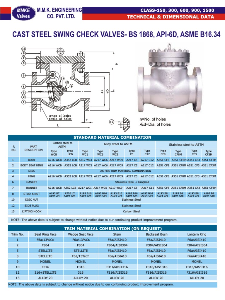 Cast Steel Swing Check Valves-Bs 1868, Api-6D, Asme B16.34: M.M.K. Engineering Co. Pvt. LTD ...