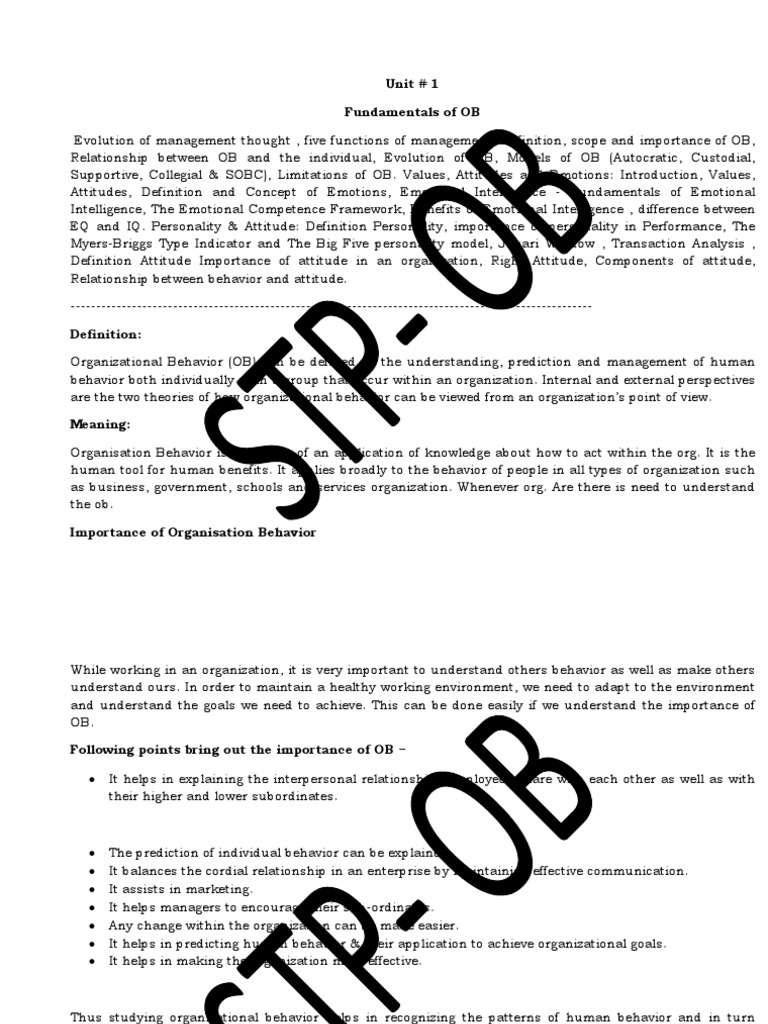 Unit # 1 Fundamentals of OB | PDF | Organizational Behavior | Emotions