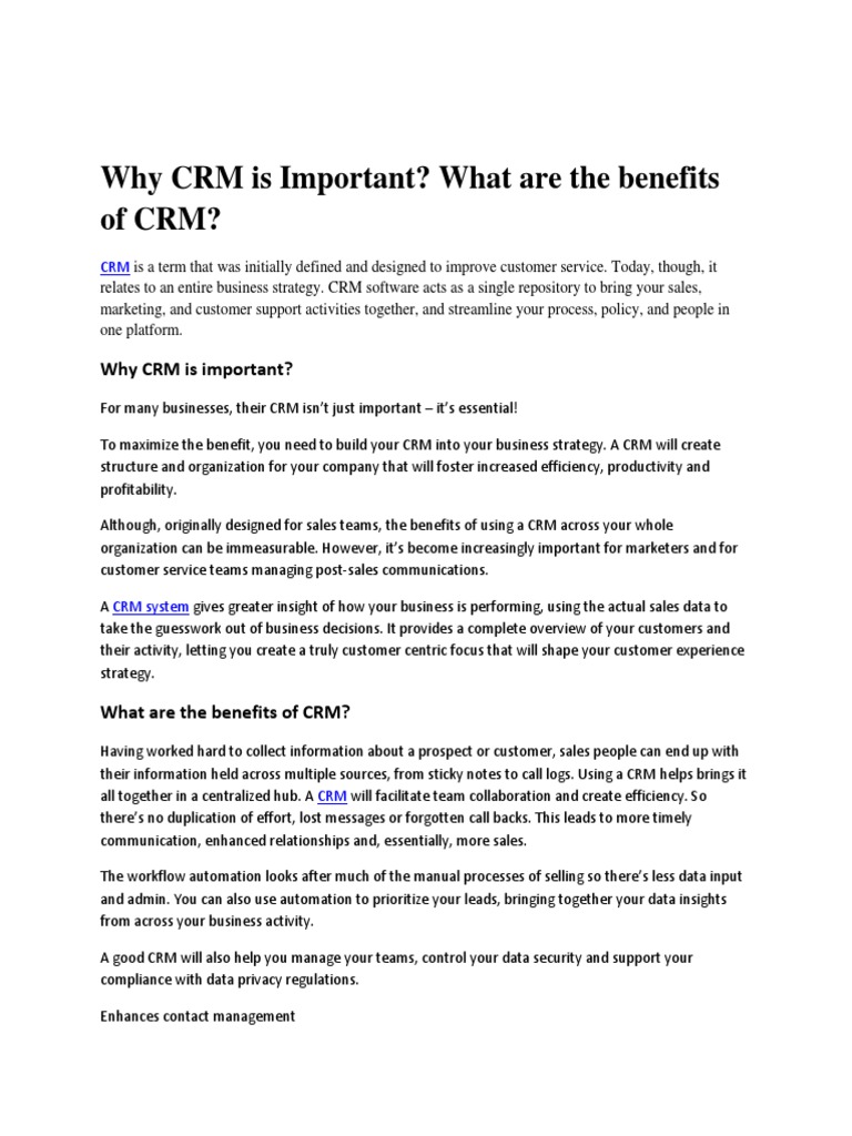 Why CRM Is Important? What Are The Benefits of CRM? | PDF | Customer ...