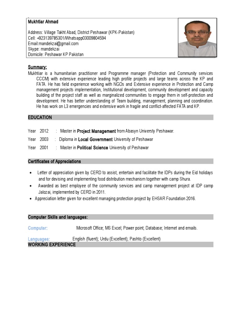 Mukhtar Ahmad CV | PDF | Internally Displaced Person | United Nations High Commissioner For Refugees