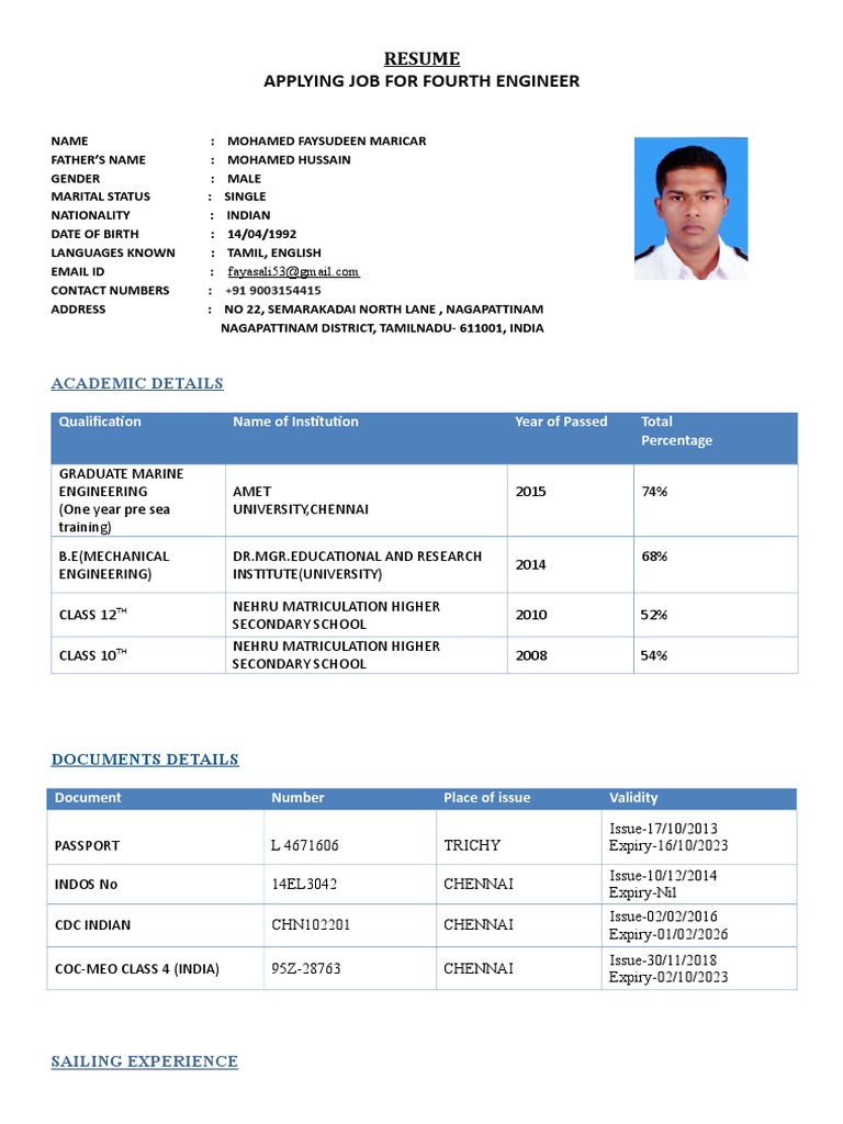 Resume Applying Job For Fourth Engineer: Academic Details | Download ...