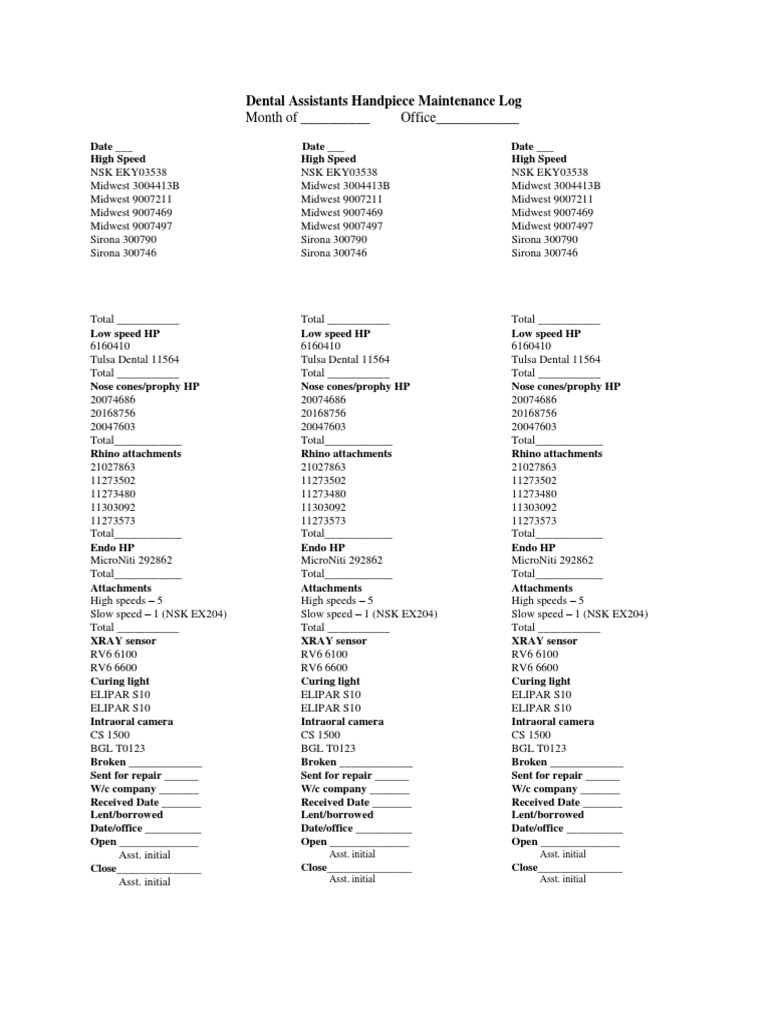 Month of - Office - : Dental Assistants Handpiece Maintenance Log | PDF ...