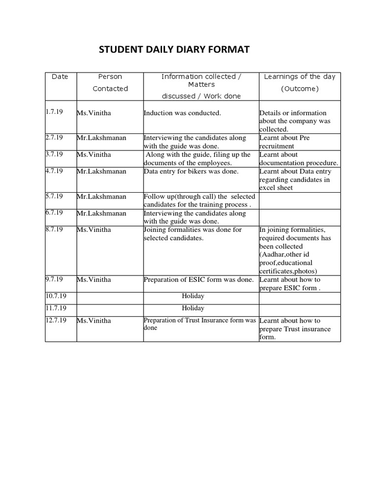 Student Daily Diary Format | PDF