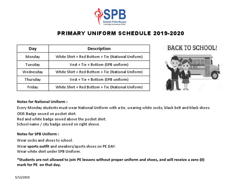 Primary Uniform Schedule 2019-2020 | PDF