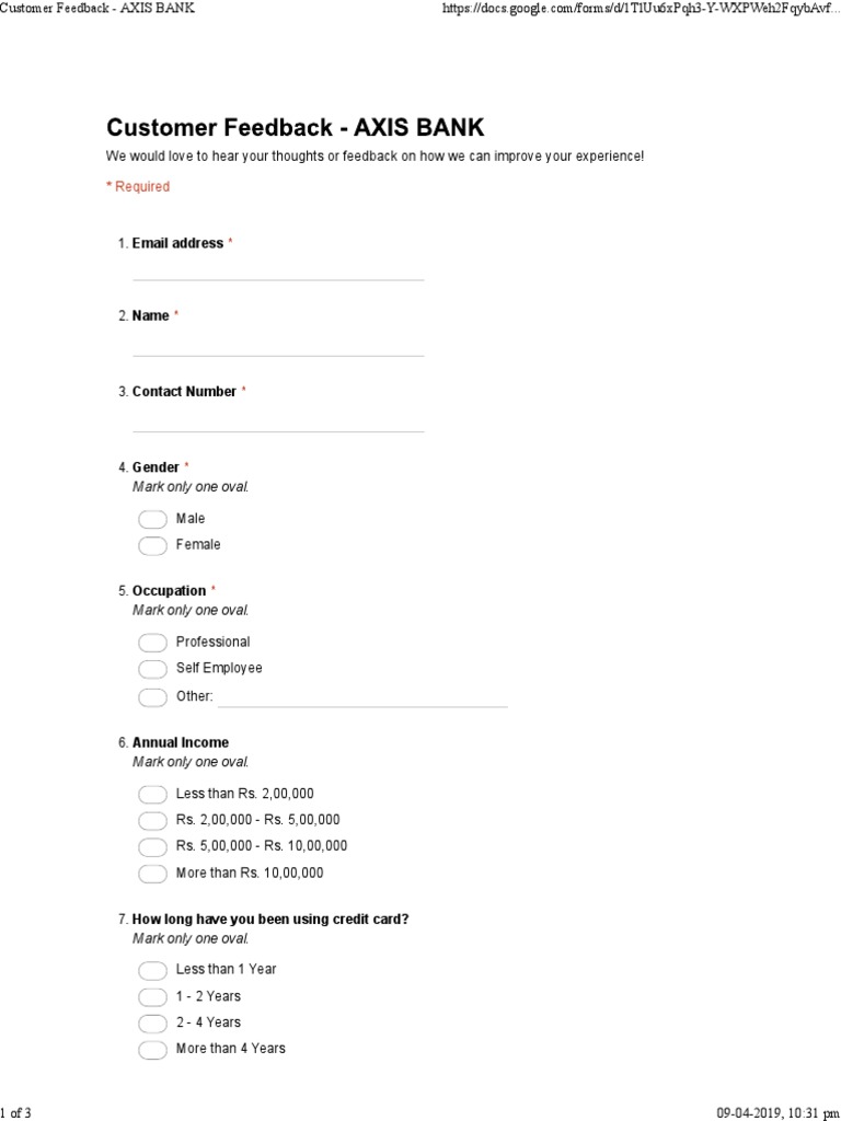 Axis Bank Customer Feedback Survey | PDF | Credit Card | Banks
