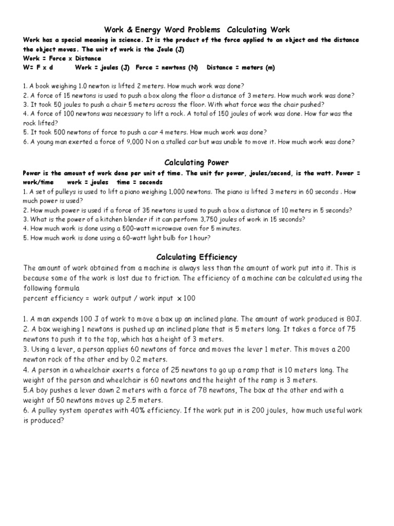 Work Energy Power Efficiency Problems PDF | PDF | Force | Classical ...