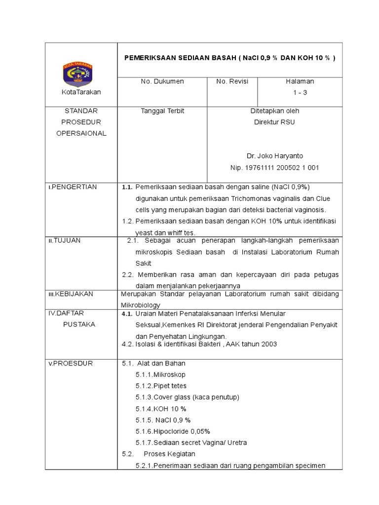 SPO Pemeriksaan KOH 10% Dan NaCl 0,9% | PDF