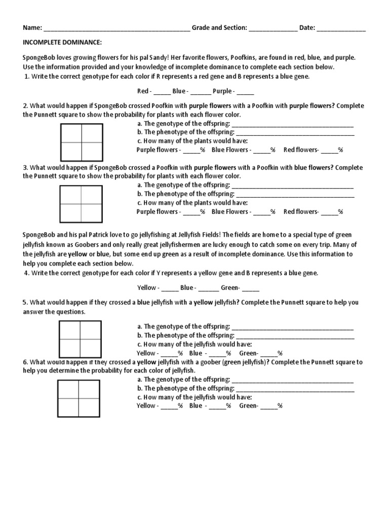 Incomplete Dominance Punnett Square Worksheet