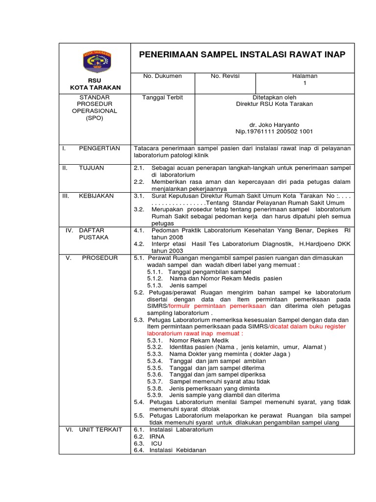 Sop Penerimaan Sampel Igd | PDF