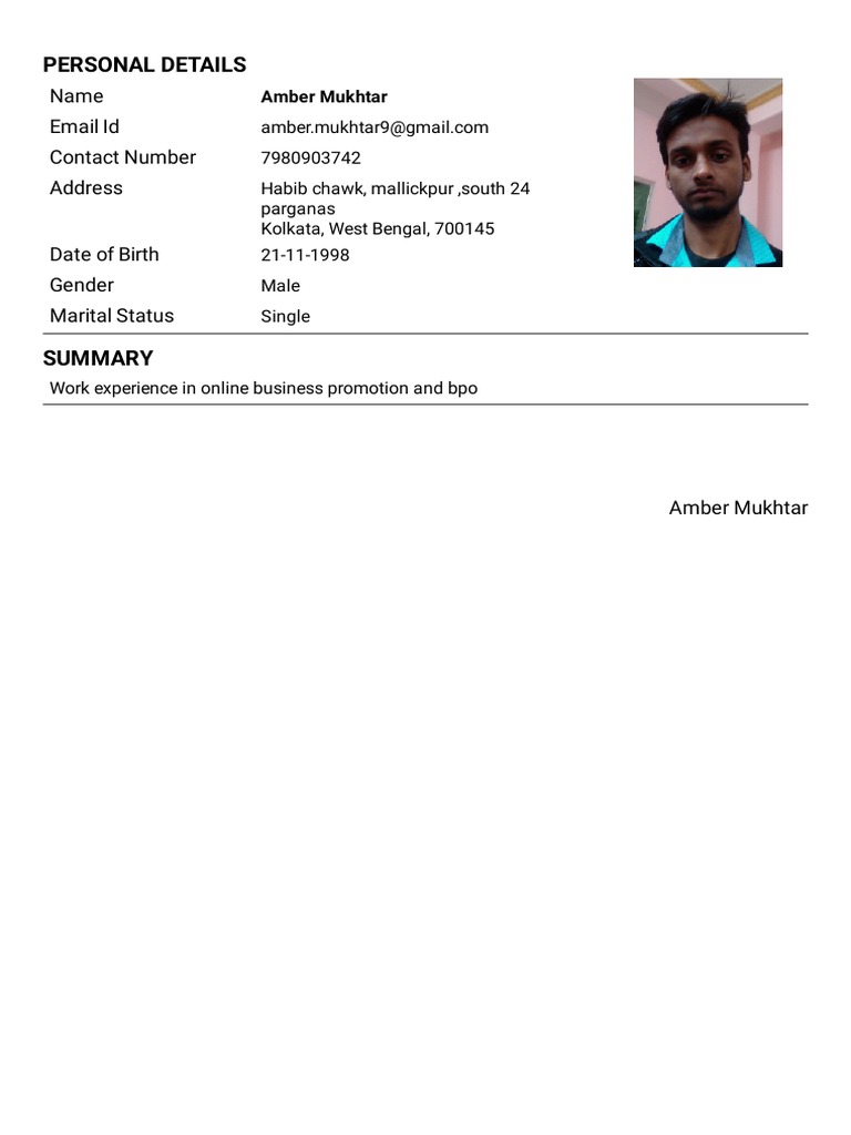Personal Details: Name Email Id Contact Number Address | PDF