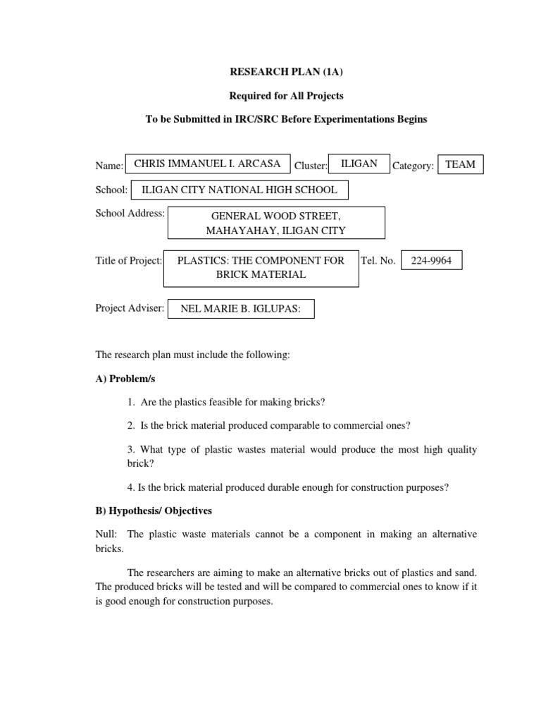 Research Plan (1A) Required For All Projects To Be Submitted in IRC/SRC ...