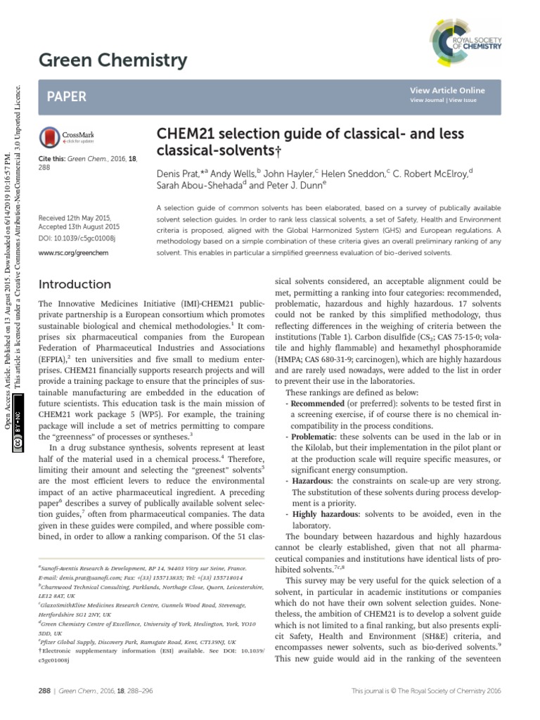 Green Chemistry: CHEM21 Selection Guide of Classical-And Less Classical ...
