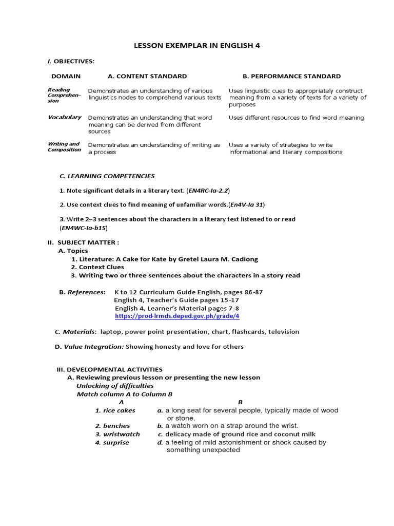 Lesson Exemplar English 4 | PDF | English Language | Behavior Modification