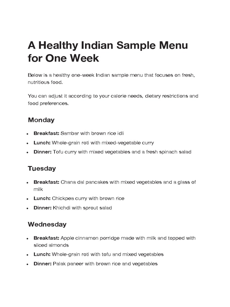 A Healthy Indian Sample Menu For One Week | PDF