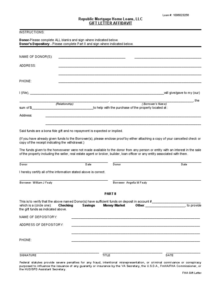 Fha Gift Letter | PDF | Federal Housing Administration | Mortgages