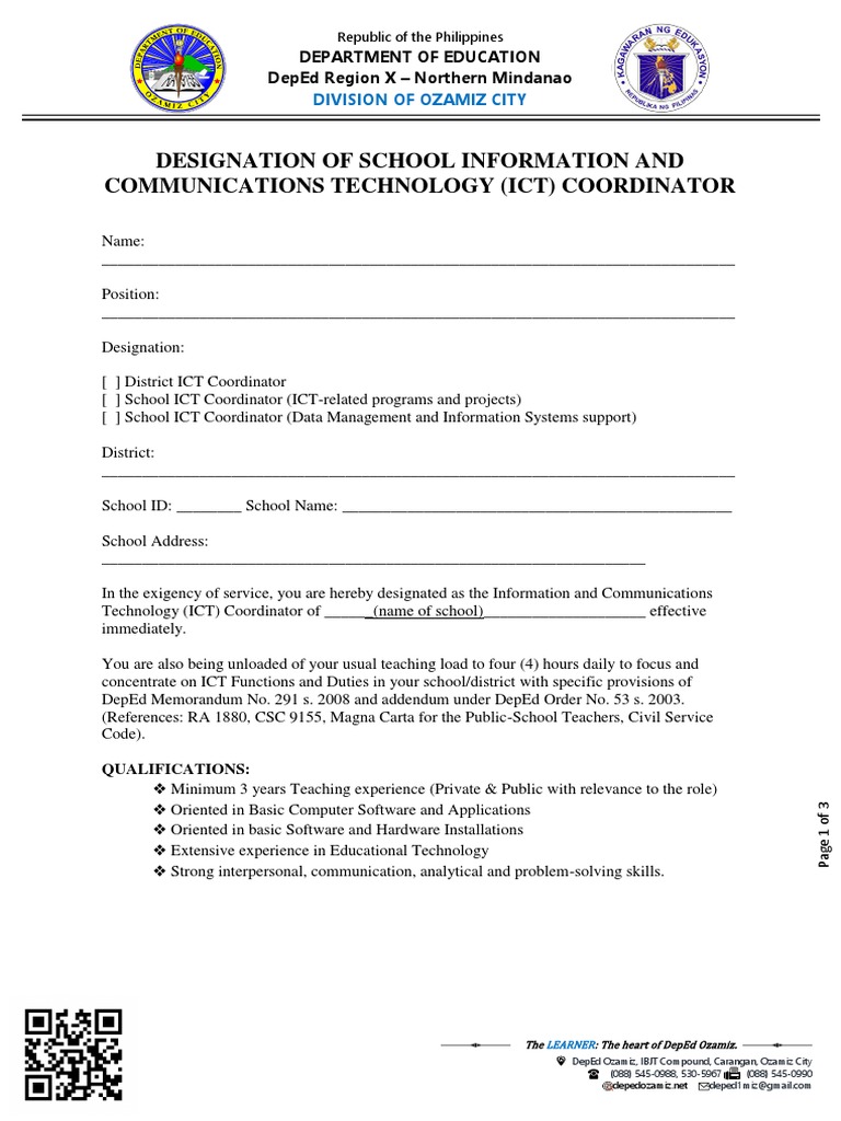 School Ict Coordinator Designation Order | PDF | Educational Technology ...