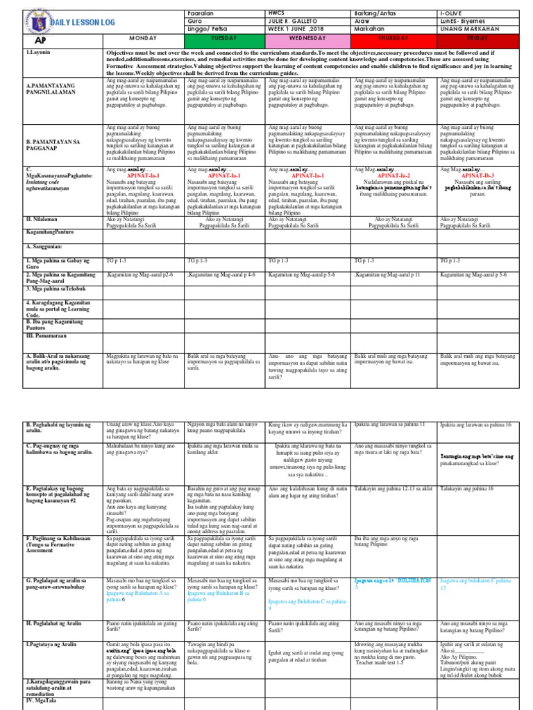 DLL AP Week 1 Quarter 1 Grade 1 Olive | PDF