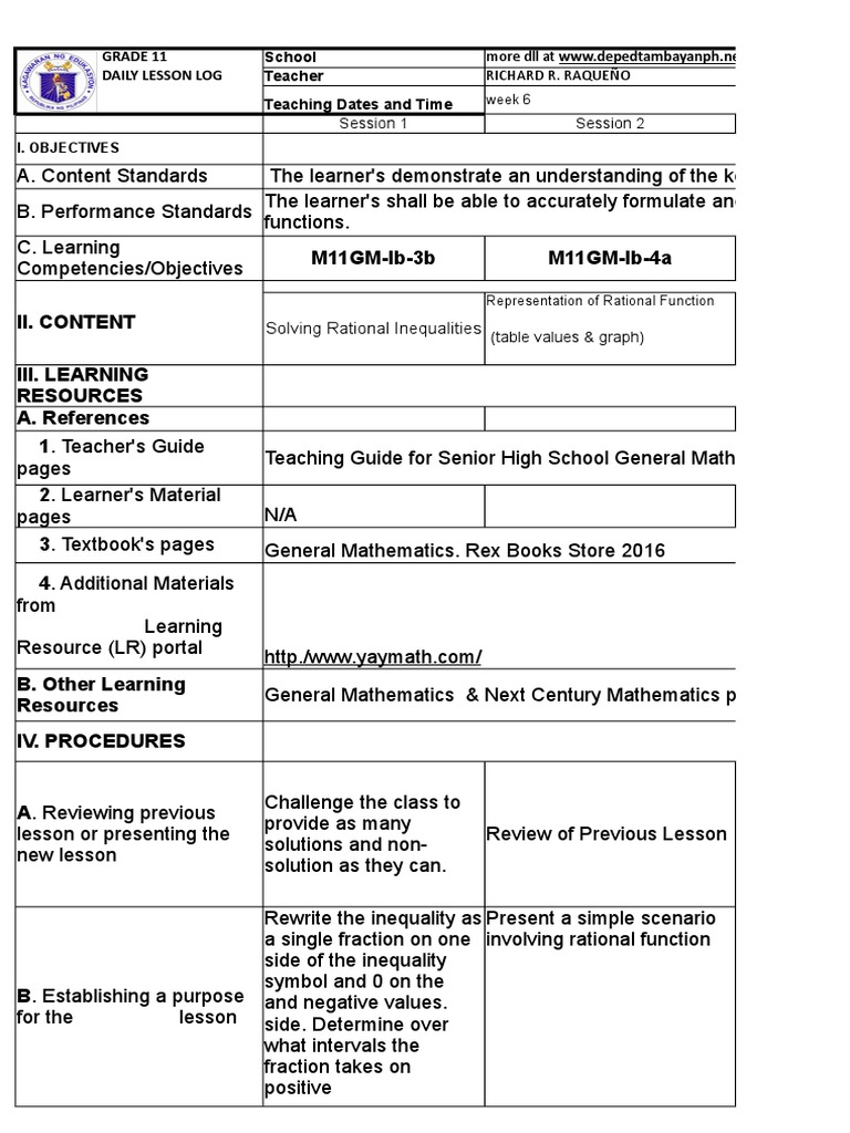 General Math DLL For SHS - (More DLL at WWW - Depedtambayanph.net) ) Q1 ... General Math DLL For SHS - (More DLL at WWW - Depedtambayanph.net) ) Q1 ...