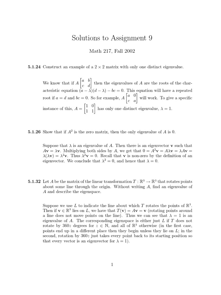 Solutions To Assignment 9: Math 217, Fall 2002 | PDF | Eigenvalues And Eigenvectors | Matrix ...