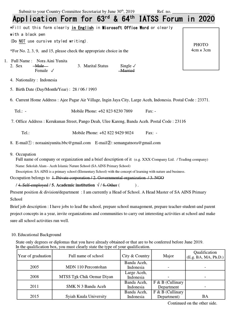 Application Form For 63 & 64 IATSS Forum in 2020: RD TH | PDF | Learning