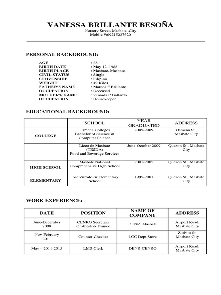 Vanessa Brillante Besoña: Personal Background | PDF | Psychology ...