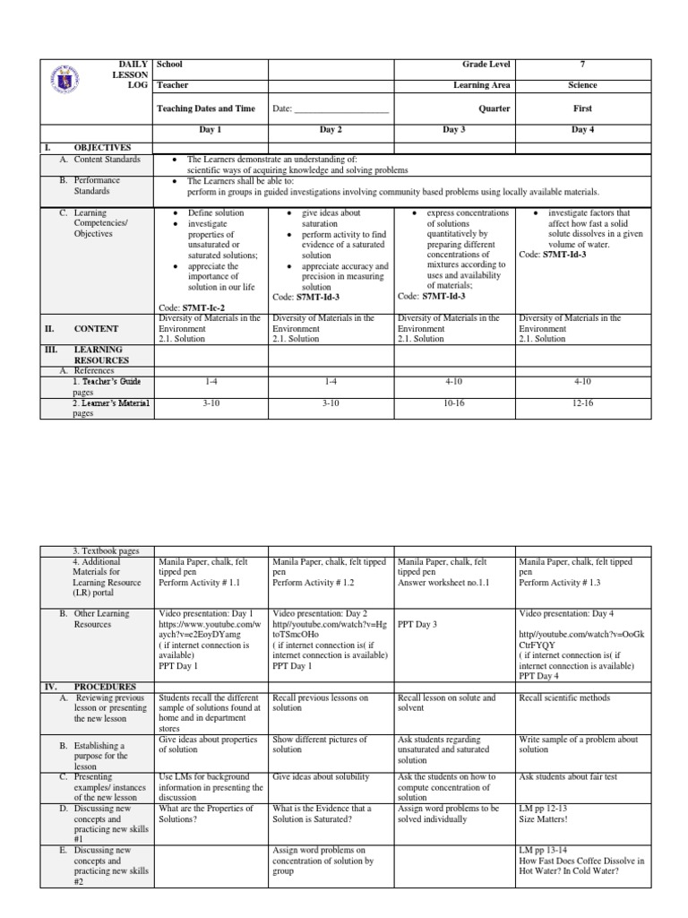 Grade 7 Science DLL: Quarter 1 Overview | PDF | Solution | Teachers