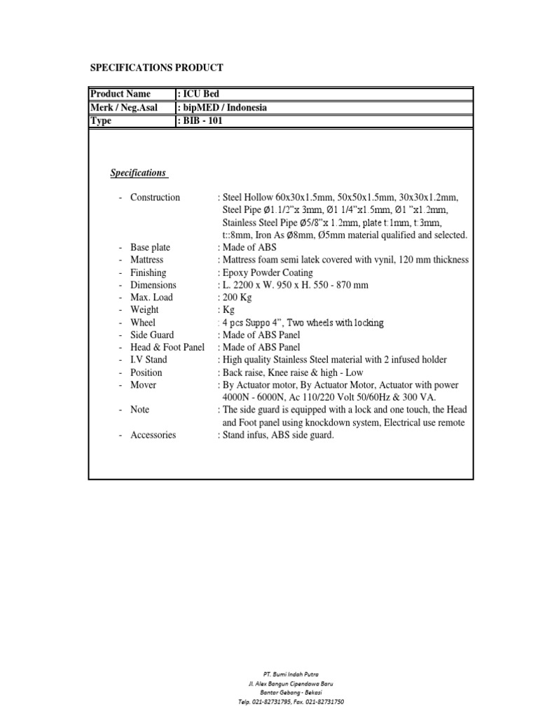 Spec Hospital ICU Bed Elektrik BIB-101 | PDF