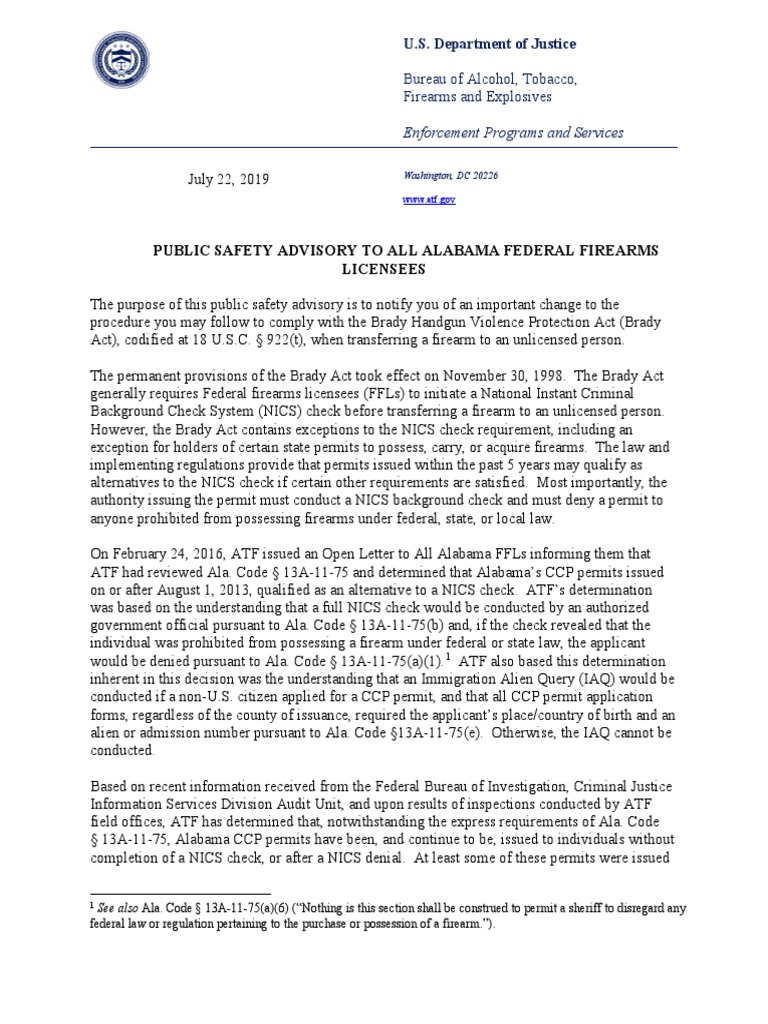 Atf Public Safety Advisory To All Alabama Federal Firearms Licensees ...