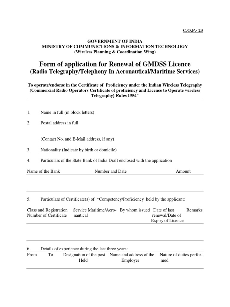 Renewal Application for GMDSS License to Operate Radio Equipment in ...