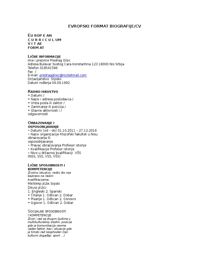 CV Evropski Format | PDF