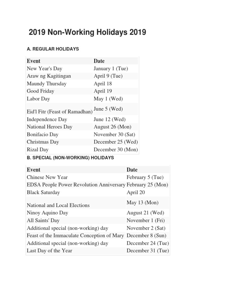 2019 Non-Working Holidays 2019: Event Date | PDF