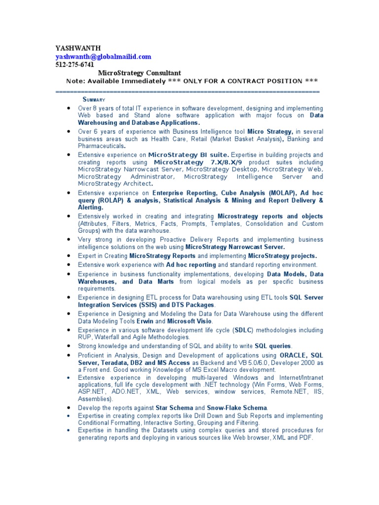 Yashwanth Micro Strategy Resume | PDF | Microsoft Access | Data Warehouse