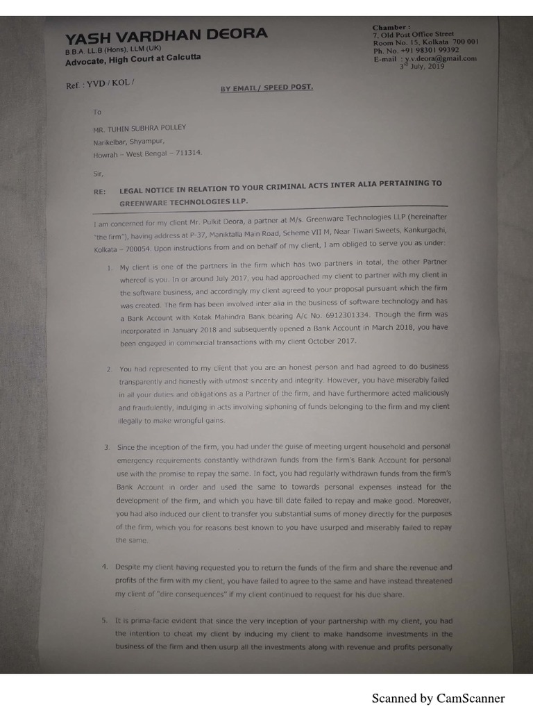 Legal Notice - Pulkit Deora v. Tuhin Polley | PDF