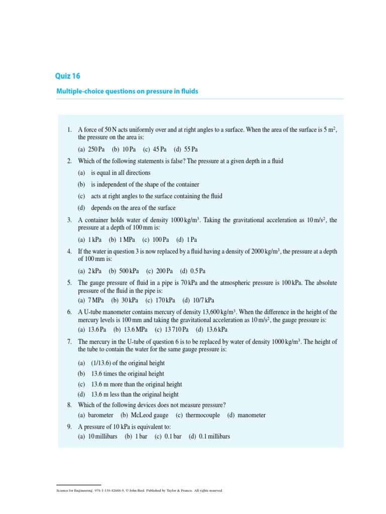 Multiple-Choice Questions On Pressure in Fluids | PDF | Pressure ...