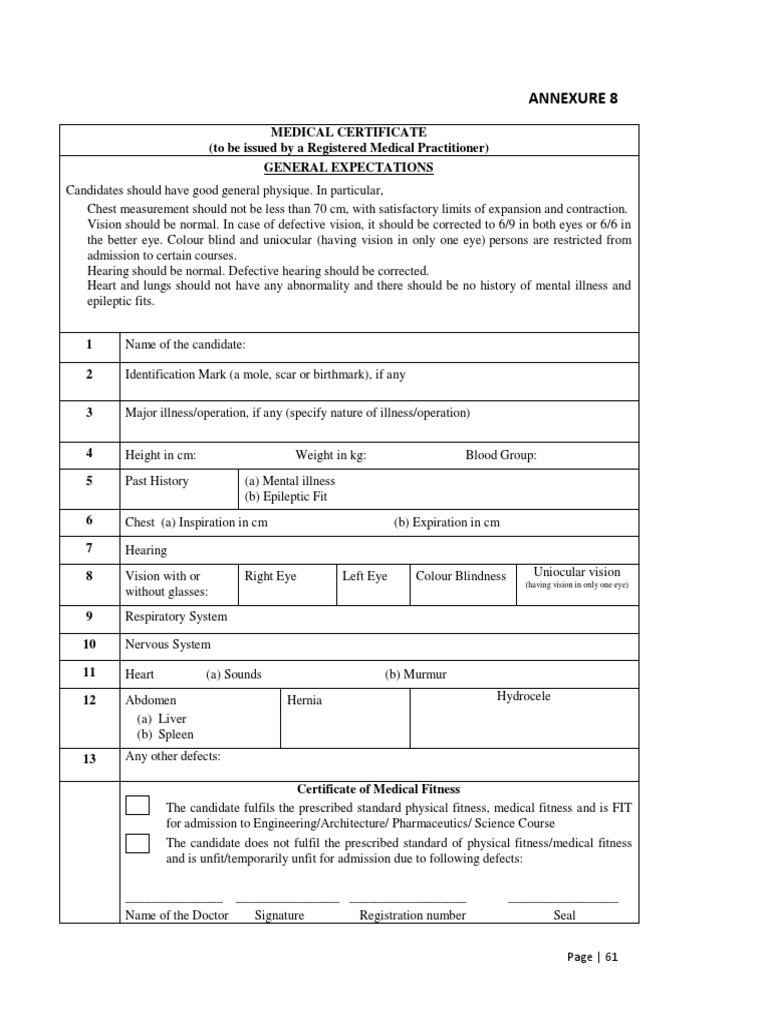 Medical Certificate (To Be Issued by A Registered Medical Practitioner ...