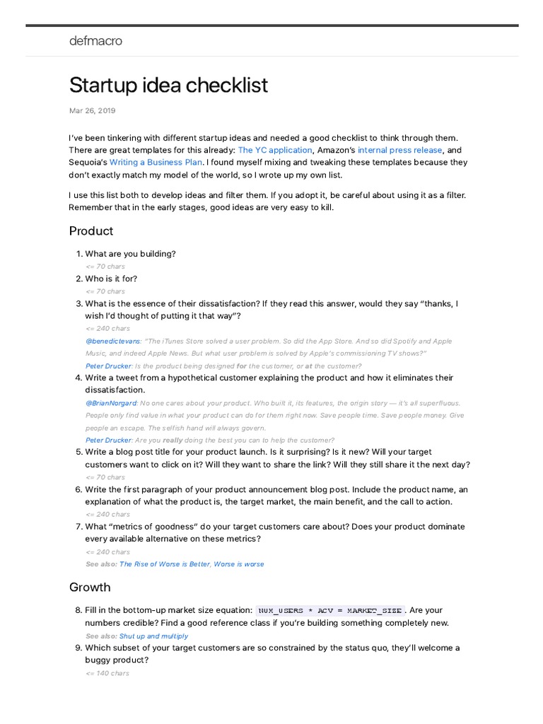 Startup Idea Checklist | Download Free PDF | Business