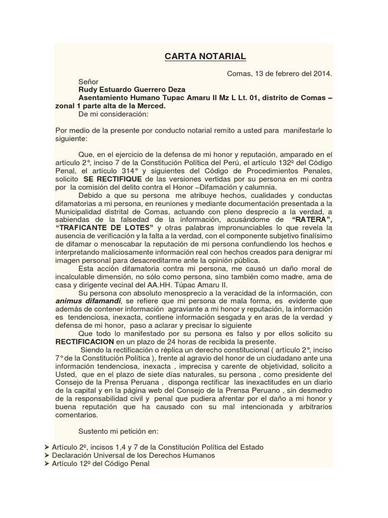 Carta Notarial Por Difamacion y Calumnia | PDF | Gobierno | Instituciones sociales