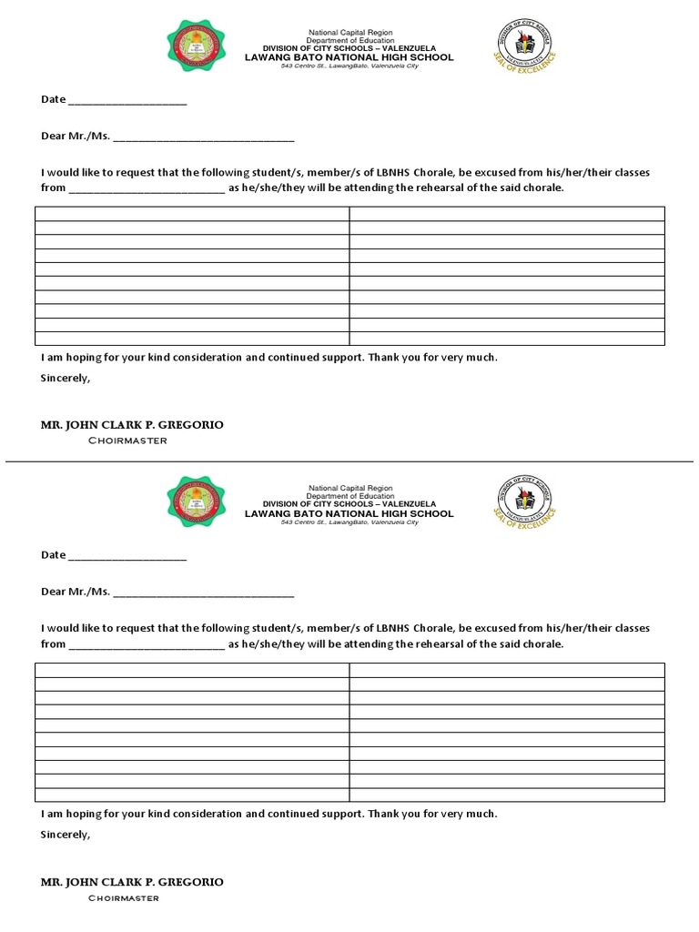 LBNHS Chorale Class Excusal Request | PDF | Foreign Language Studies ...