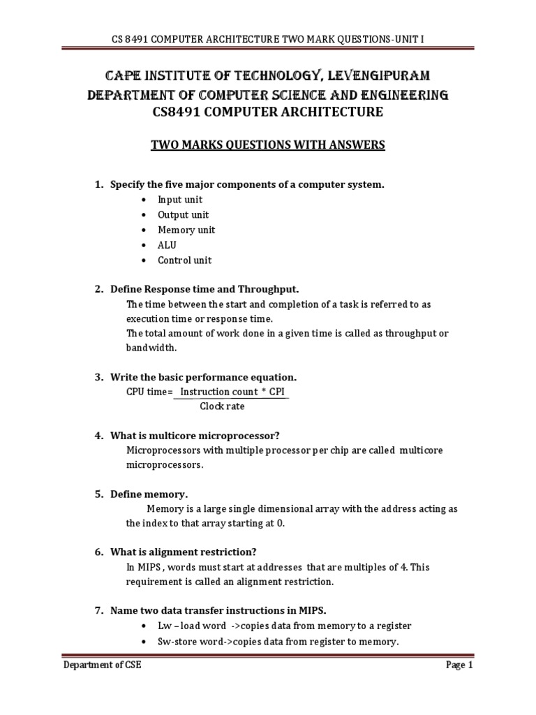 Unit I Cs8491 Pdf Central Processing Unit Computer Architecture