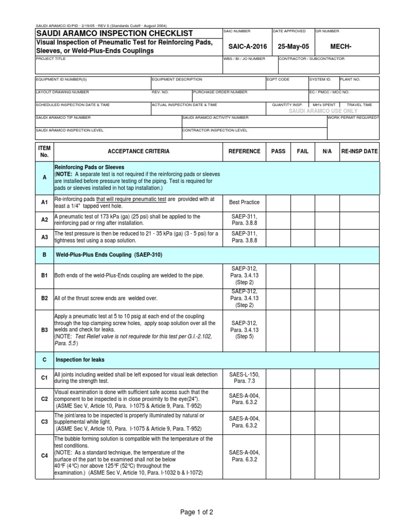 Pneumatic Test Criteria for Reinforcing Pads | PDF | Mechanical ...
