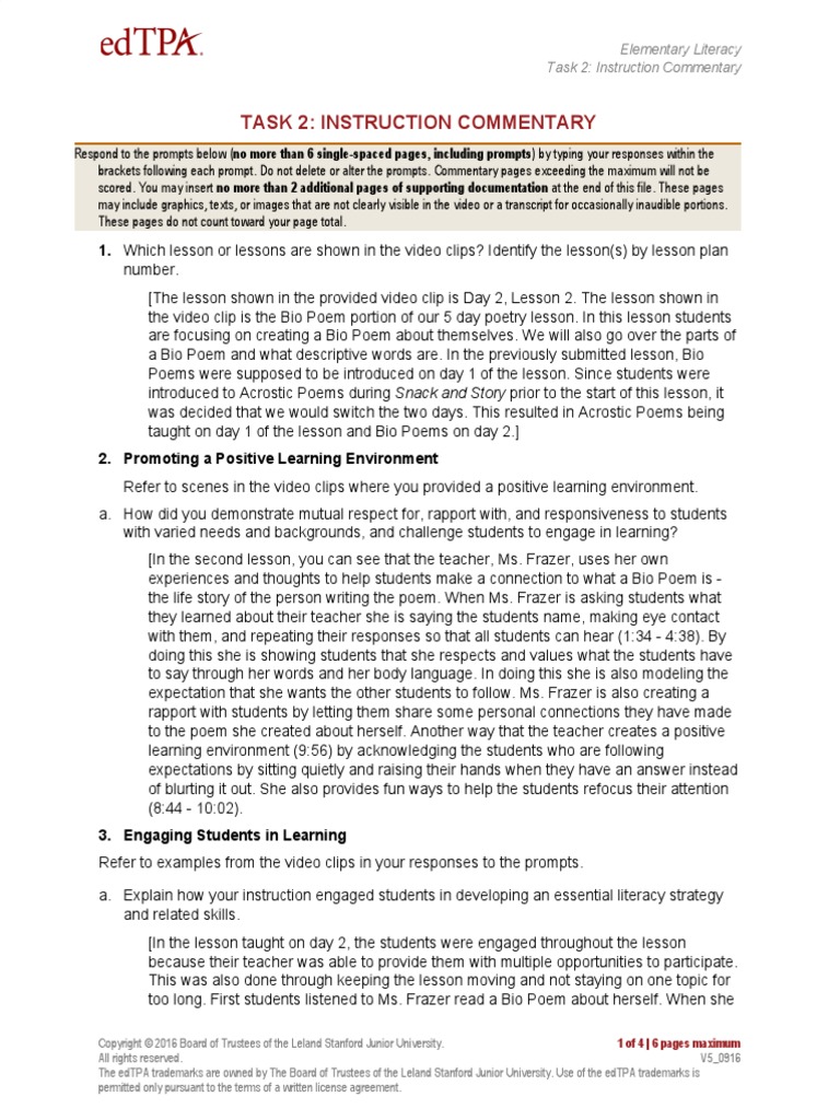 Task 2 Instruction Commentary | Download Free PDF | Teachers | Literacy