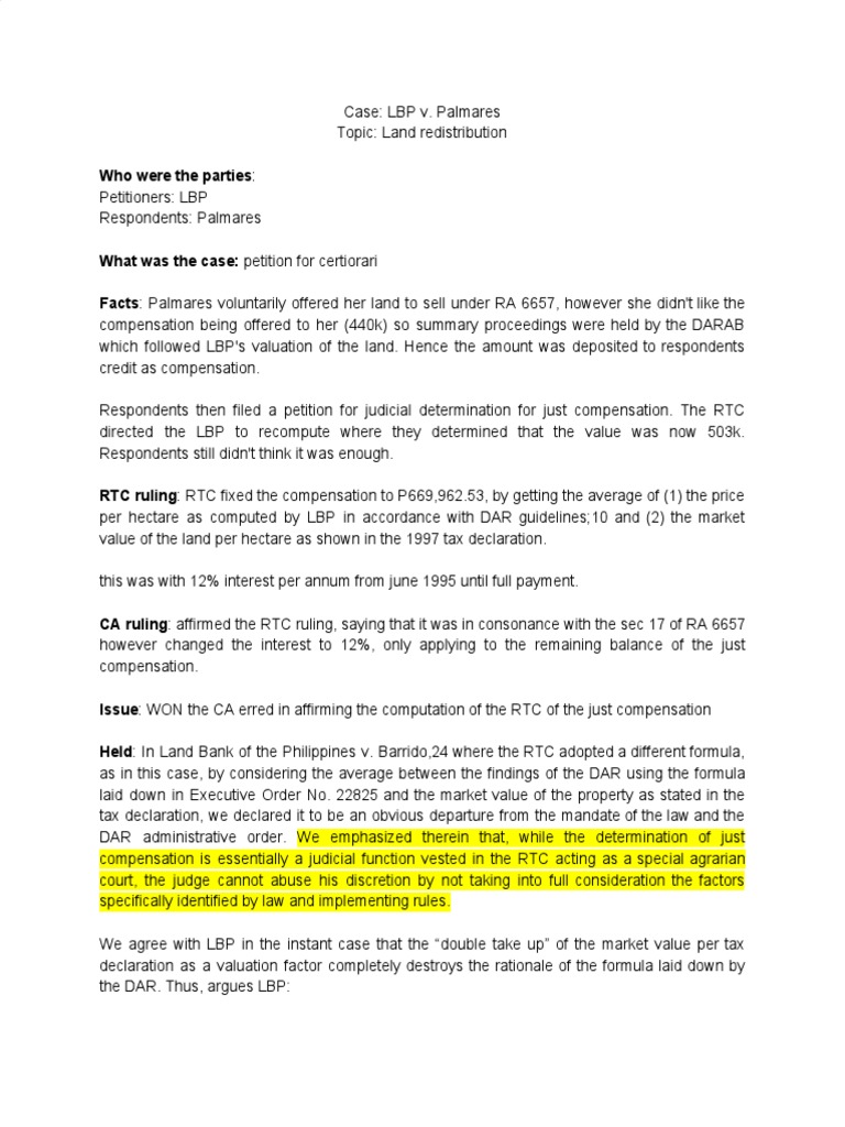 LBP v. Palmares land valuation ruling | PDF | Real Estate Appraisal | Just Compensation
